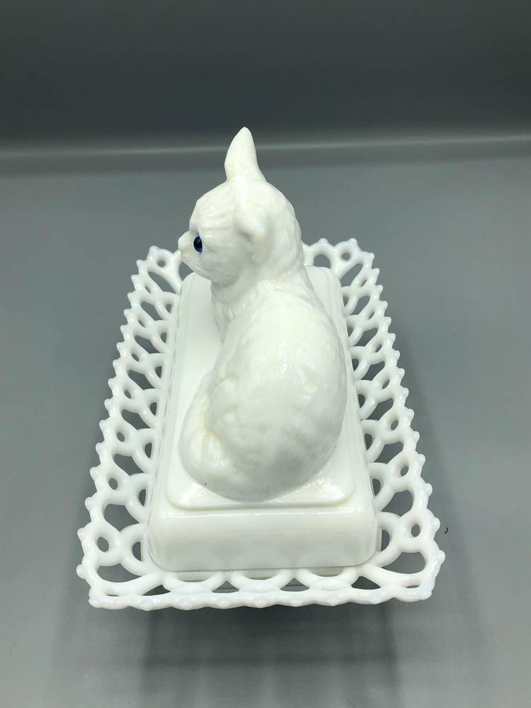 Antique Westmoreland milk glass cat in a basket dish