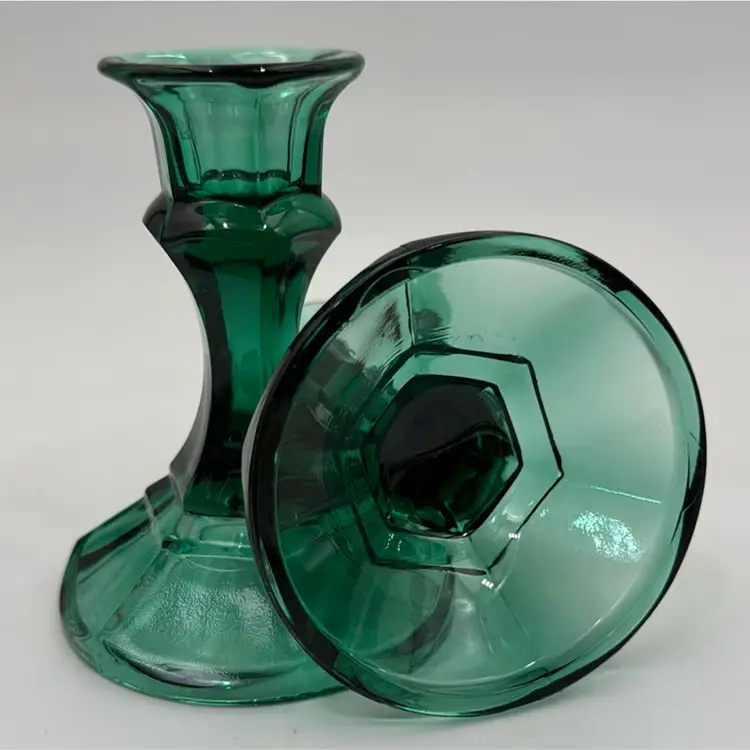 Vintage Emerald Green Glass Candle Sticks.