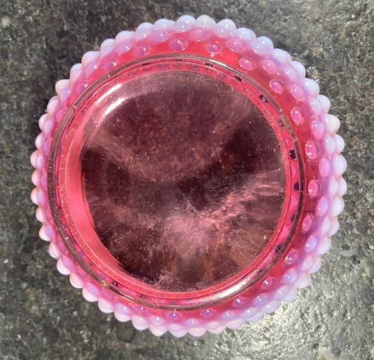 Fenton Cranberry Opalescent Hobnail Powder Jar With Clear Lid