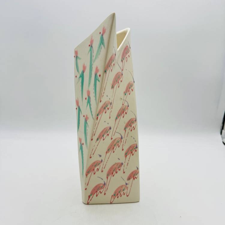 Angular Vase Hand Painted Ceramic While Pink Green Florida Tropical Signed