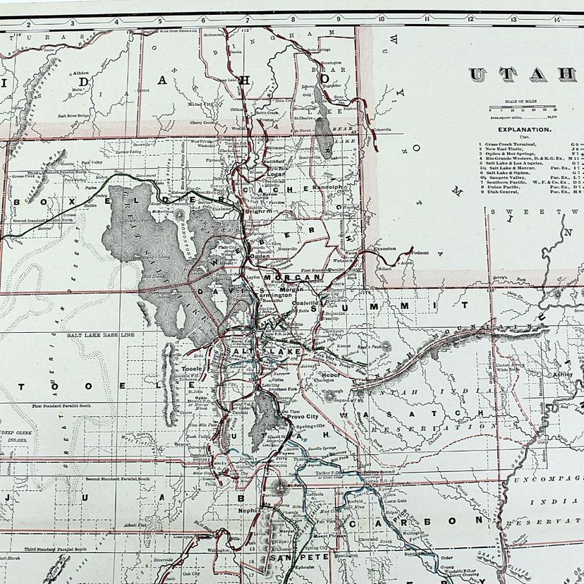 Railroad Map of Utah circa 1900 Large 22 1/2 x 17 1/2 Full Color Lithograph