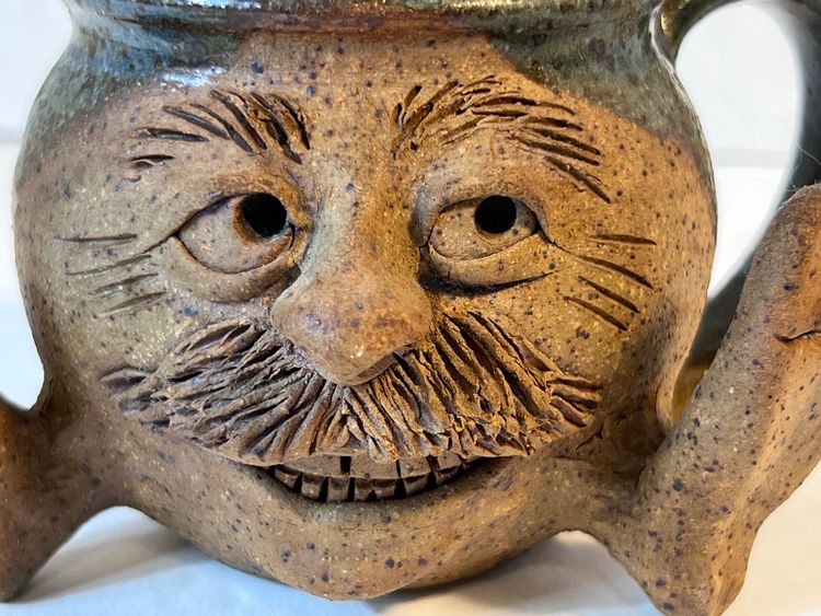 Vintage Funny Face Pottery Mug With Feet Mustache Signed Nose Teeth