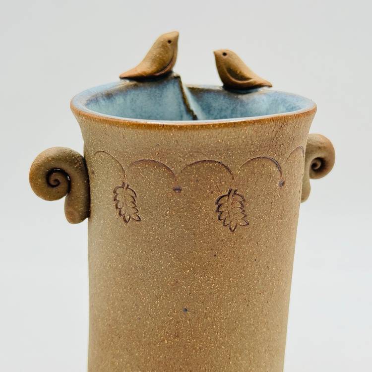 Barbara Walch Pinch Art Pottery Vase With Birds Handles Blue And Gray