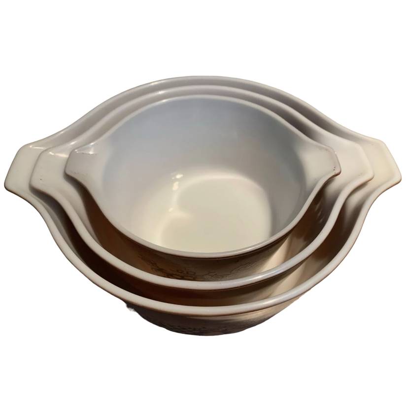 Pyrex Vintage Old Orchard 3 Pc Nesting Baking/Serving Dishes Brown with ...