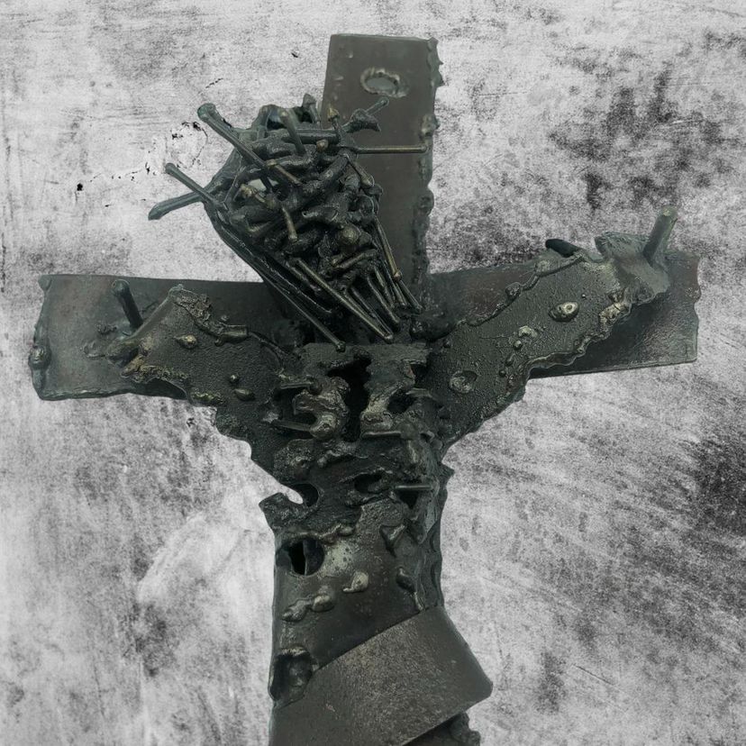 Brutalist Crucifix Cross Jesus Artist Made MCM Rustic Mixed Metal Religious