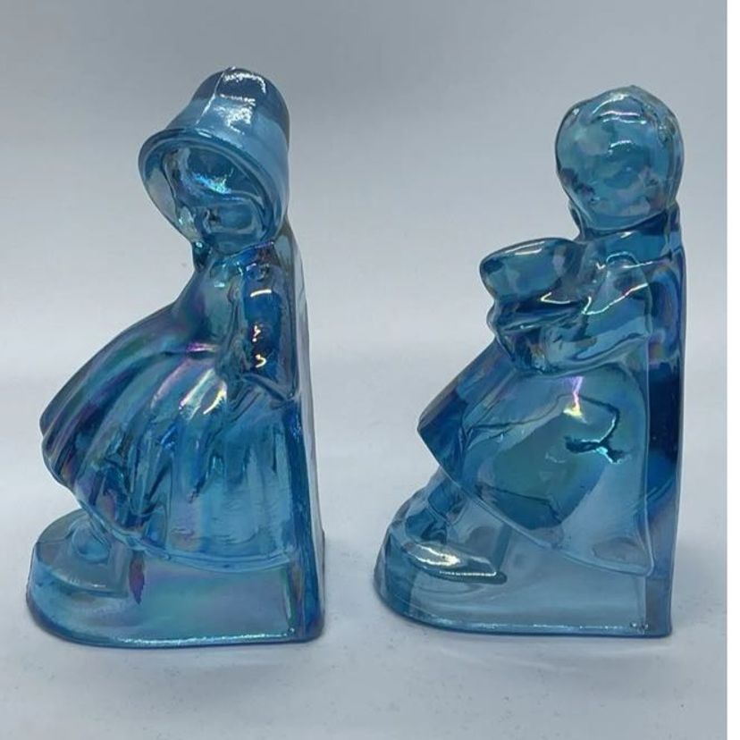 Fenton Iridescent Blue Glass Boy & Girl Bookends Vintage