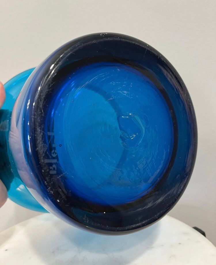 1959 Blenko Wayne Husted No. 5936-L Bowl in Blue w/ Sandblast Blenko Mark MCM