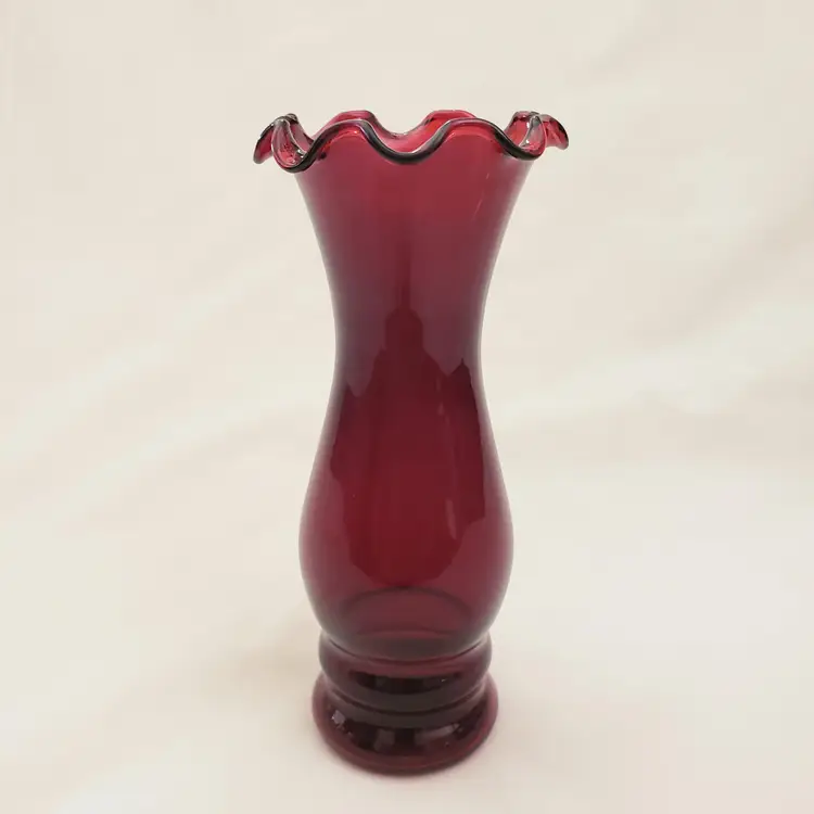 Glass Ruby Red Vase Anchor Hocking Ruffled Top 5⅞" Tall Vintage