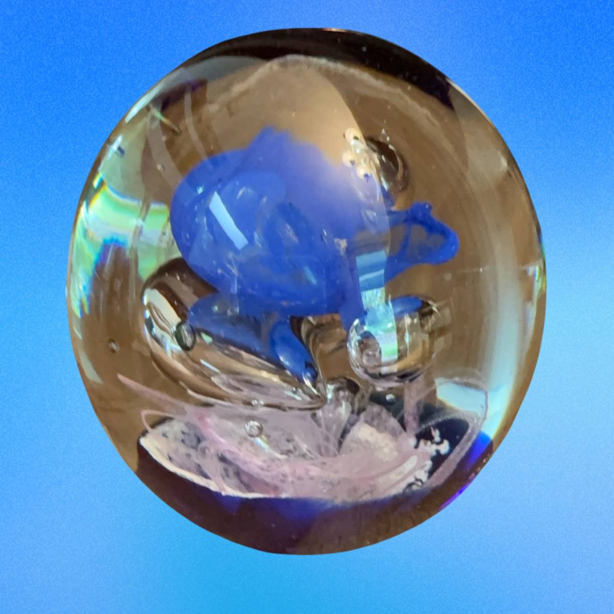 Niknax · Blue Pink Bubbles Blown Glass Paperweight Clear Bottom No ...