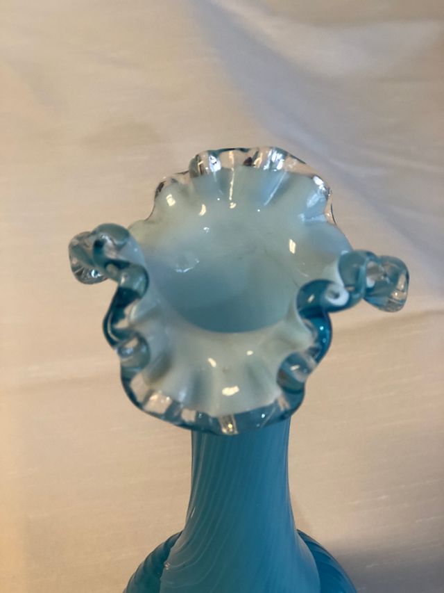 Blue Fenton Glass Vase Fluted Optic Spiral Vintage Silver Crested Crimp ...