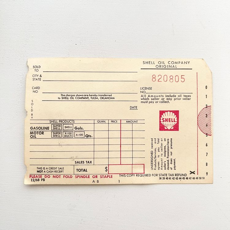 Super Shell Gasoline X-100 Motor Oil Credit Charge Card Sales Receipt ...