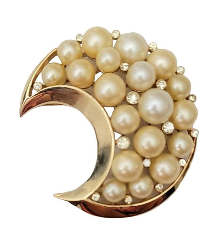 Trifari Crown Over T Faux Pearl Clear Rhinestone Crescent Moon Brooch ...
