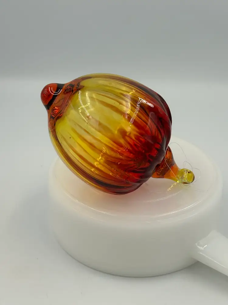Hand Blown Amber Ribbed Art Glass Orb Ornament GLOWS