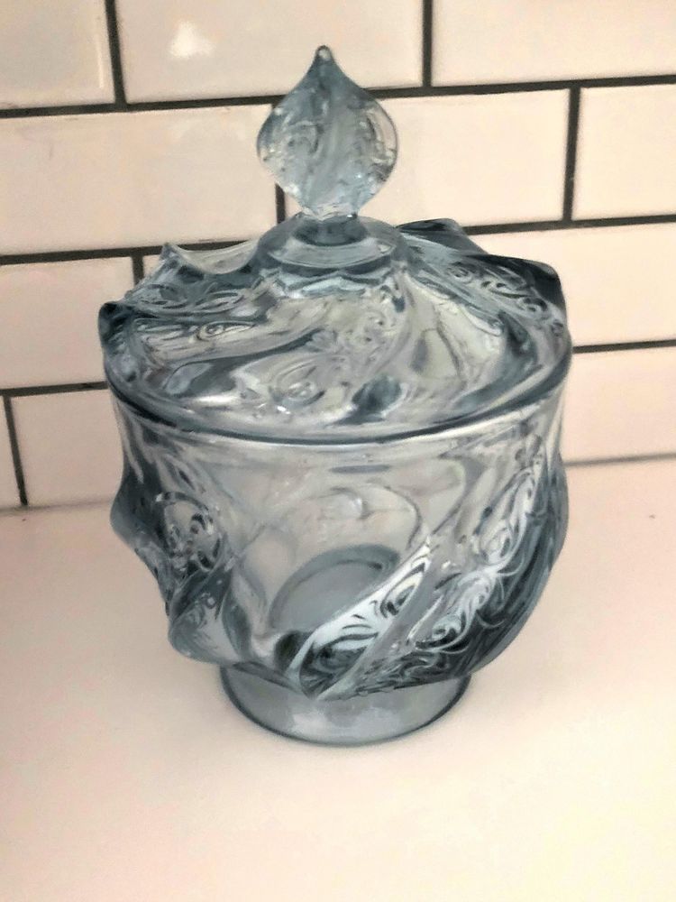 Vintage 1940s Fenton Blue "Paisley Swirl" Covered Candy Dish