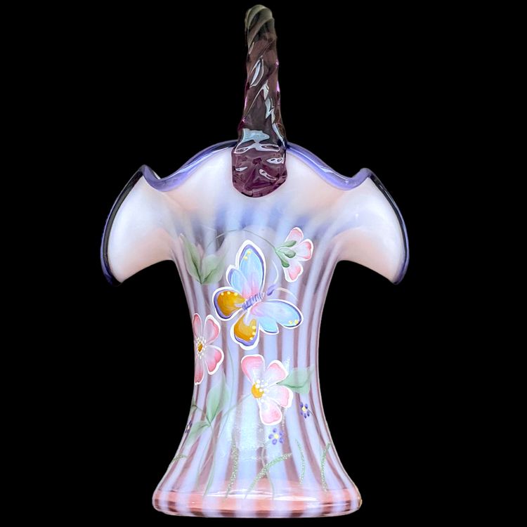 Fenton Pink Chiffon Opalescent Rib Optic Basket W/ Violet Crest/handle ...