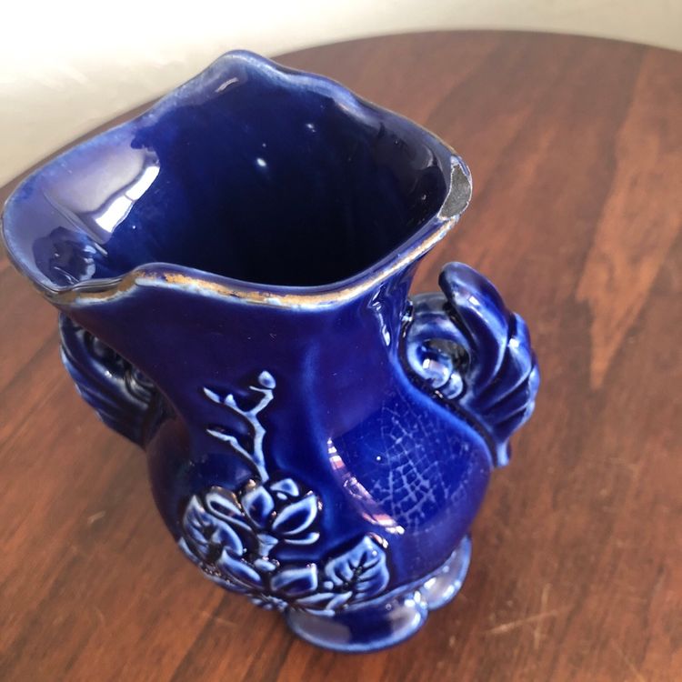 Vintage Cobalt Blue Pottery Vase Art Deco Lines Beautiful Color Small Vase