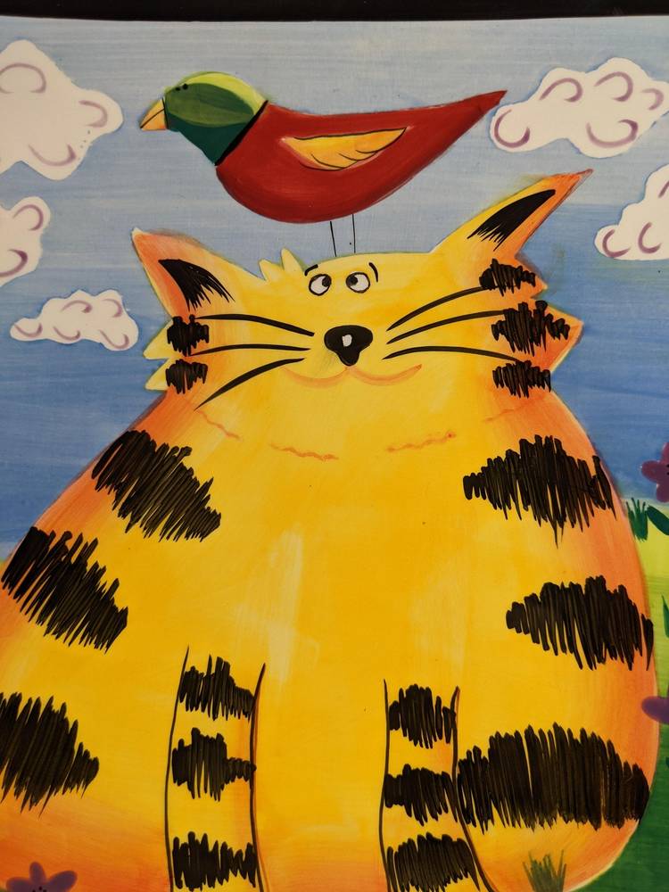 Mary Naylor Designs Happy Orange Cat Bird on Head Hand-Painted ...