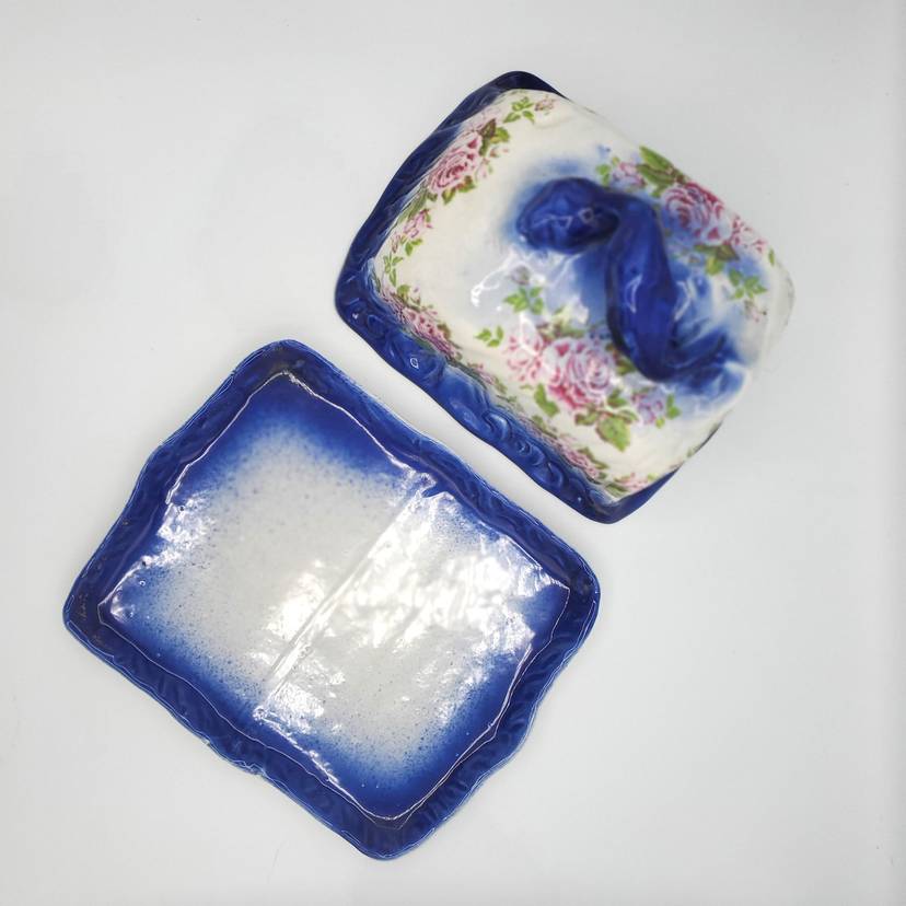 Vintage Flow Blue Ceramic Butter Dish with Lid, Blue and White with ...
