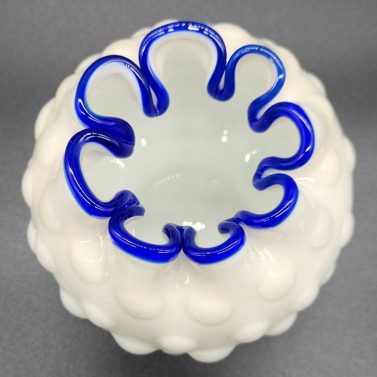 Fenton Opalescent Glass Rose Bowl Vase w/ Cobalt Blue Crest