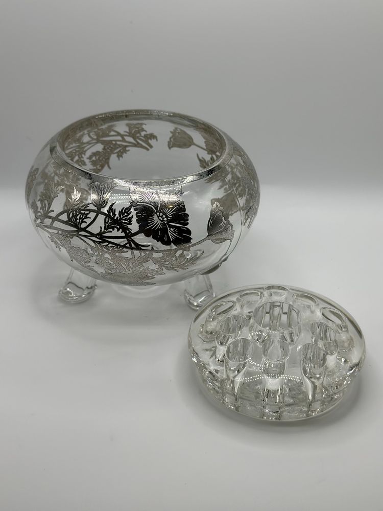 Vtg Viking Glass "Crystal" Flowerlite Bowl w/Silver Overlay & Flower ...
