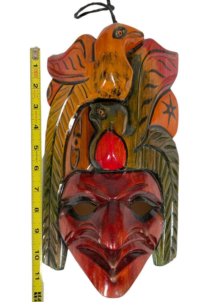 Tiki Mask Spooky Creepy Hand Carved Wooden Guatemala Face With Bird ...