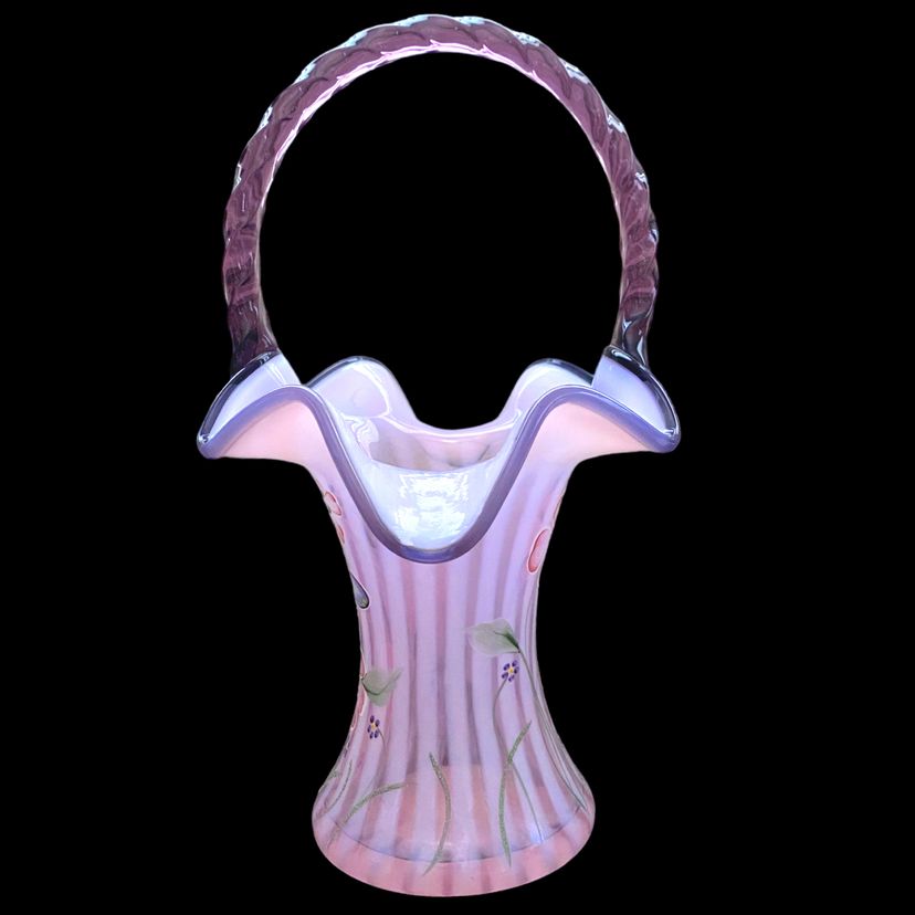 Fenton Pink Chiffon Opalescent Rib Optic Basket W/ Violet Crest/handle ...