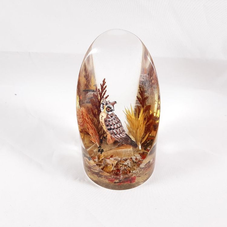 Vintage Owl Scene Figurine Paperweight Lucite Resin MCM Woodland