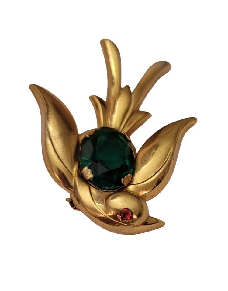 Coro Pegasus Gold Tone Repousse Green Open Back Rhinestone Swift Bird ...