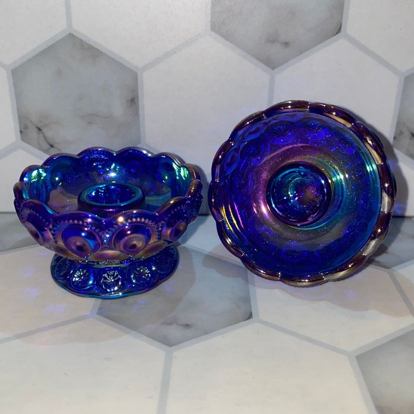 Weishar Glass Moon & Star Cobalt Carnival Miniature Candle Holder Pair ...