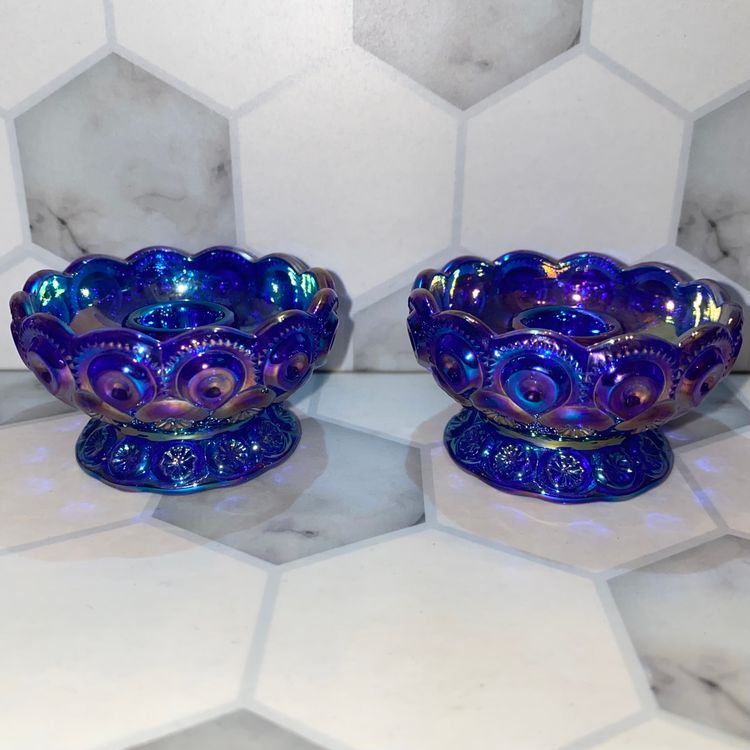 Weishar Glass Moon & Star Cobalt Carnival Miniature Candle Holder Pair ...