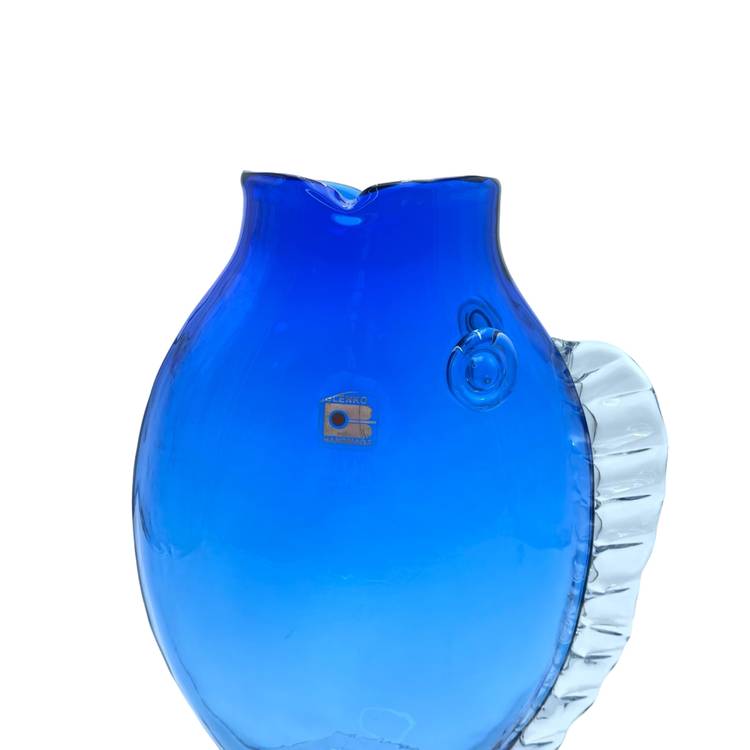 Rare Blenko Glass #9223 Azure Blue Fish Vase Decanter Original Label Glows