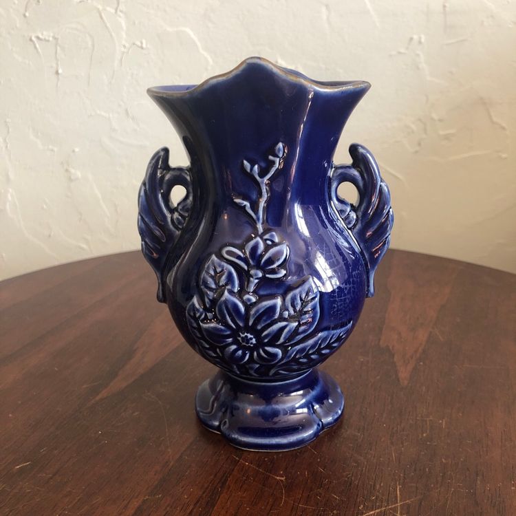 Vintage Cobalt Blue Pottery Vase Art Deco Lines Beautiful Color Small Vase