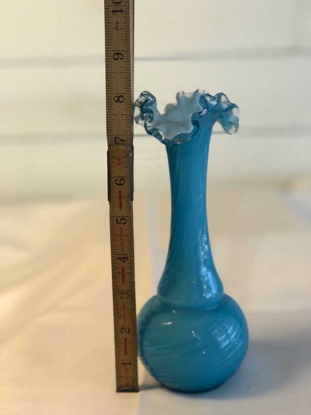 Blue Fenton Glass Vase Fluted Optic Spiral Vintage Silver Crested Crimp ...