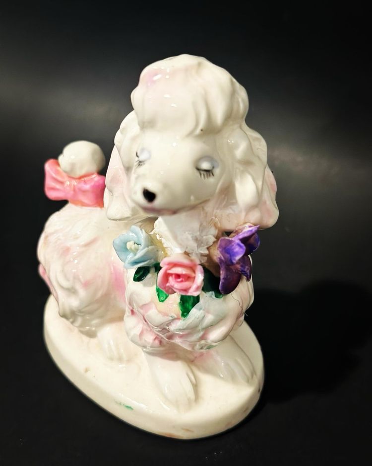 Napcoware Vintage Porcelain Poodle Figurine With Flowers 4x3 Inches Japan