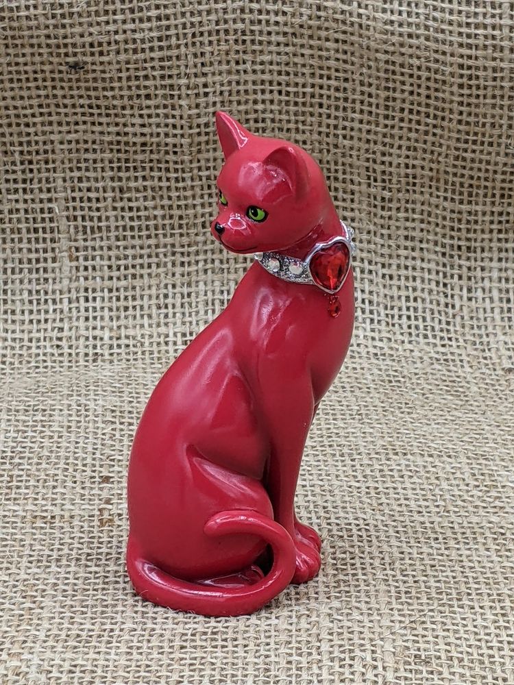 Red Sitting Cat Figurine, Purr-pose Filled Heart, Sparkly Collar with ...