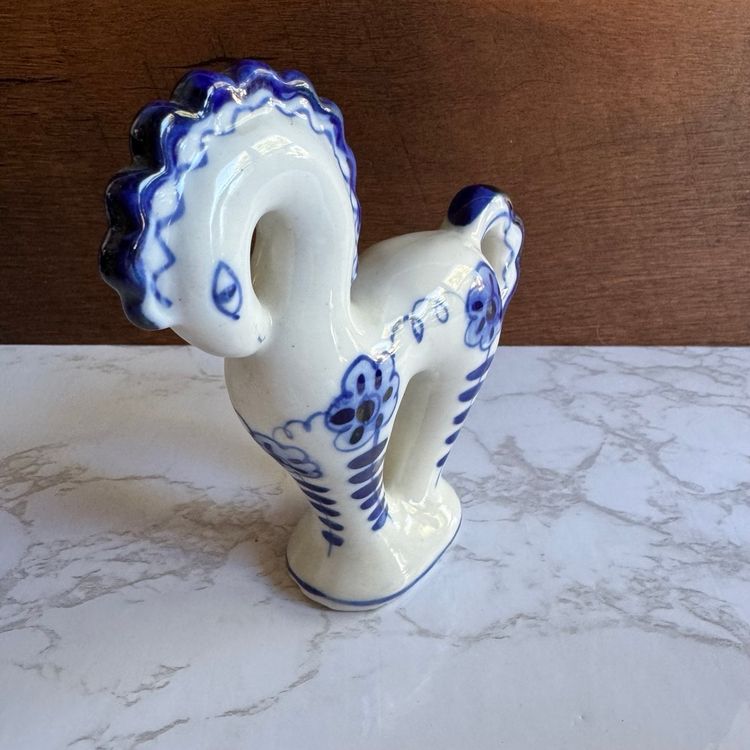 SOVIET ERA USSR Gzhel Porcelain Horse Figurine Blue & White Russian Delft
