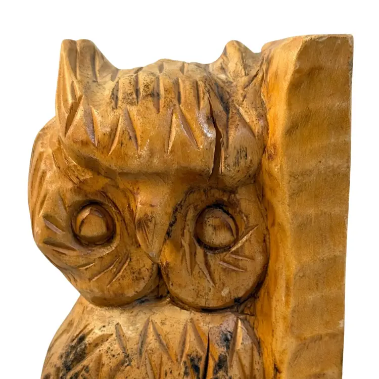 Owl Bookend 10” Hand Carved Wood 10-1/8” T x 3-1/2” W READ