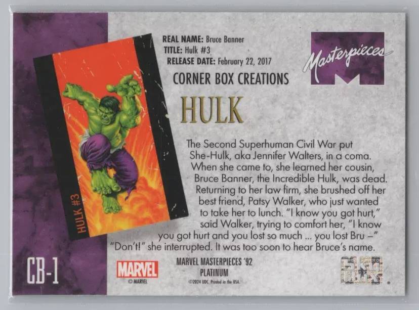 Hulk 2024 Marvel Masterpieces '92 Platinum #CB-1 Corner Box Creations