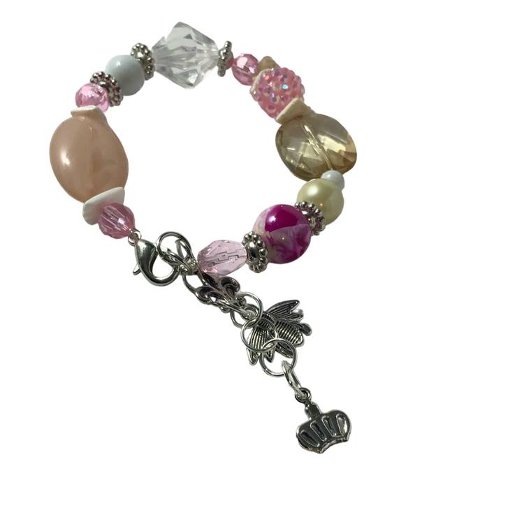 Handcrafted Beaded Blush Pink Color Bracelet Silver Tone Honey White ...