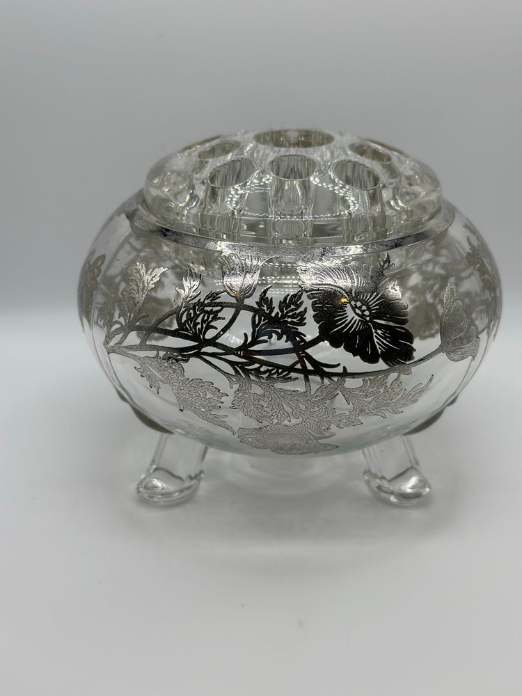 Vtg Viking Glass "Crystal" Flowerlite Bowl w/Silver Overlay & Flower ...