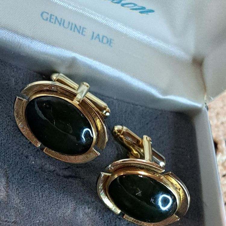 Vintage ANSON Gold Tone and Genuine Jade Men's Cufflinks with Box