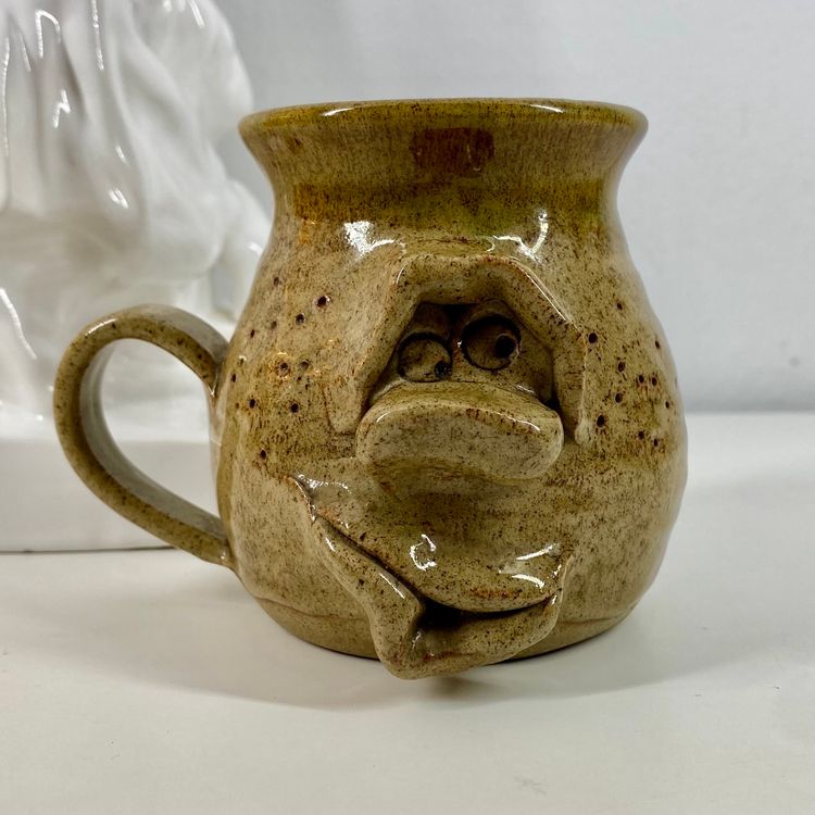 70s PRETTY UGLY POTTERY Coffee Mug Wales FUNNY FACE Cup Glazed ...