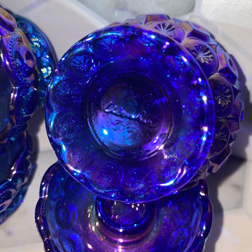Weishar Glass Moon & Star Cobalt Carnival Miniature Candle Holder Pair ...