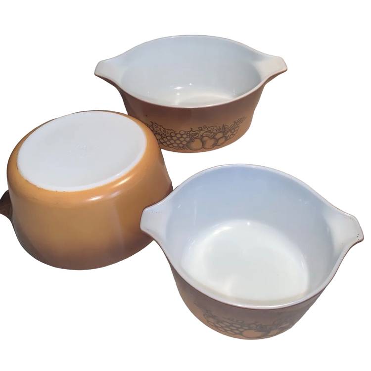 Pyrex Vintage Old Orchard 3 Pc Nesting Baking/Serving Dishes Brown with ...