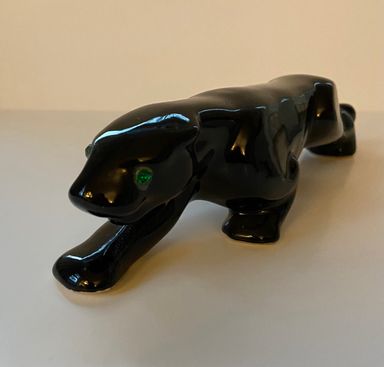 Black Ceramic Panther With Green Rhinestone Eyes 9” X 2”3”