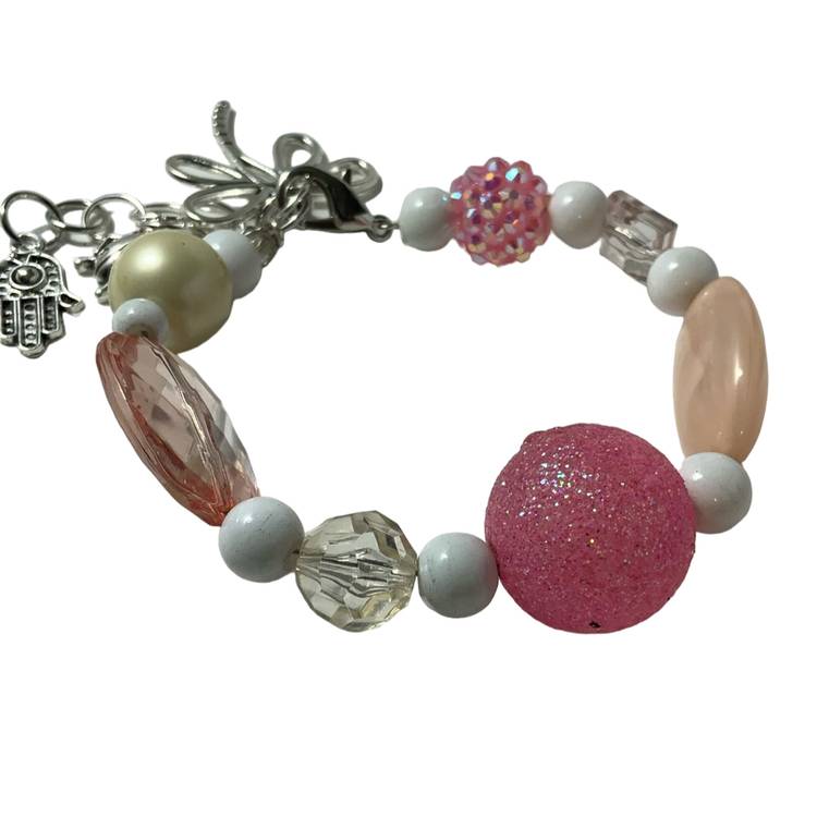 Handcrafted Beaded Blush Pink Color Bracelet Silver Tone White Pearls ...