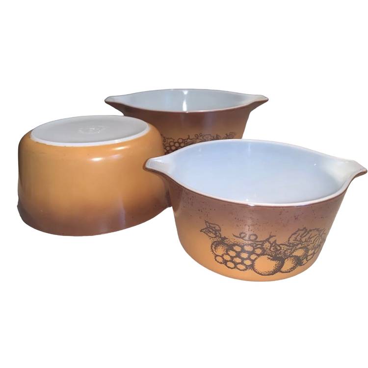 Pyrex Vintage Old Orchard 3 Pc Nesting Baking/Serving Dishes Brown with ...