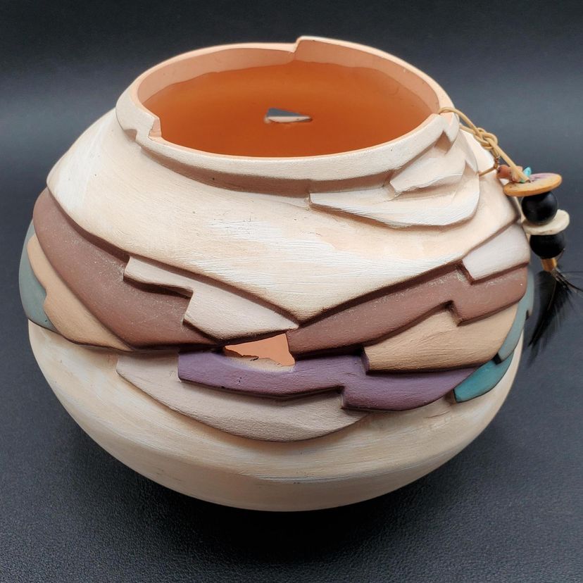Signed Steven Kaye Southwest Pottery Carved Planter Pot Feather Beads ...