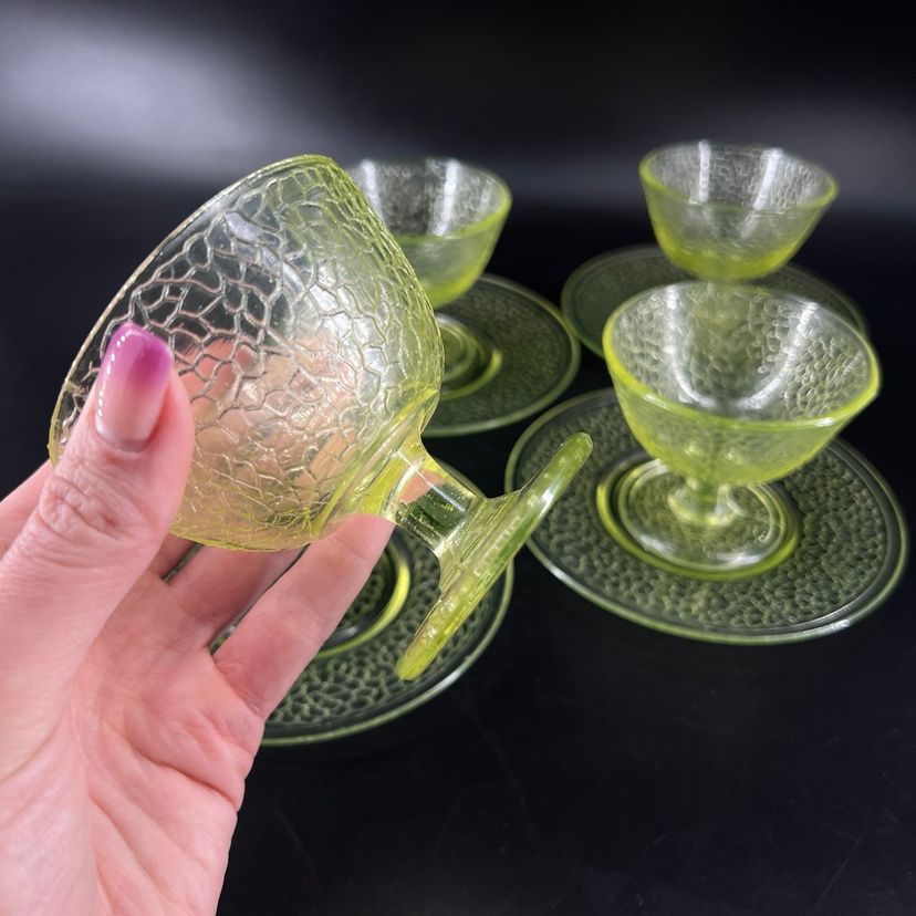 LE Smith Canary Uranium Glass Crackle Cracky Sherbet Cup Saucer
