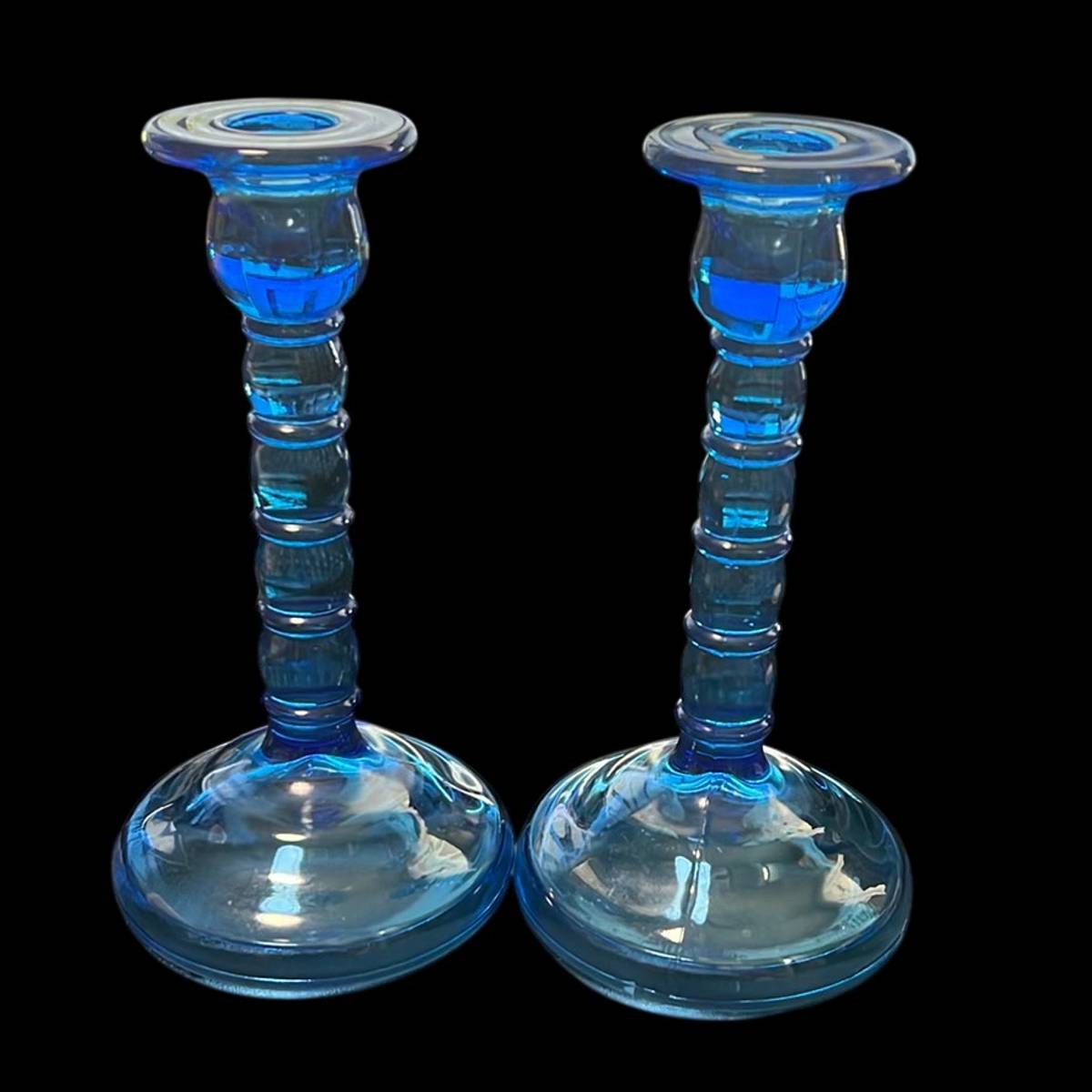Niknax · Vintage Cambridge Glass Electric Blue Uranium Candlestick Set ...
